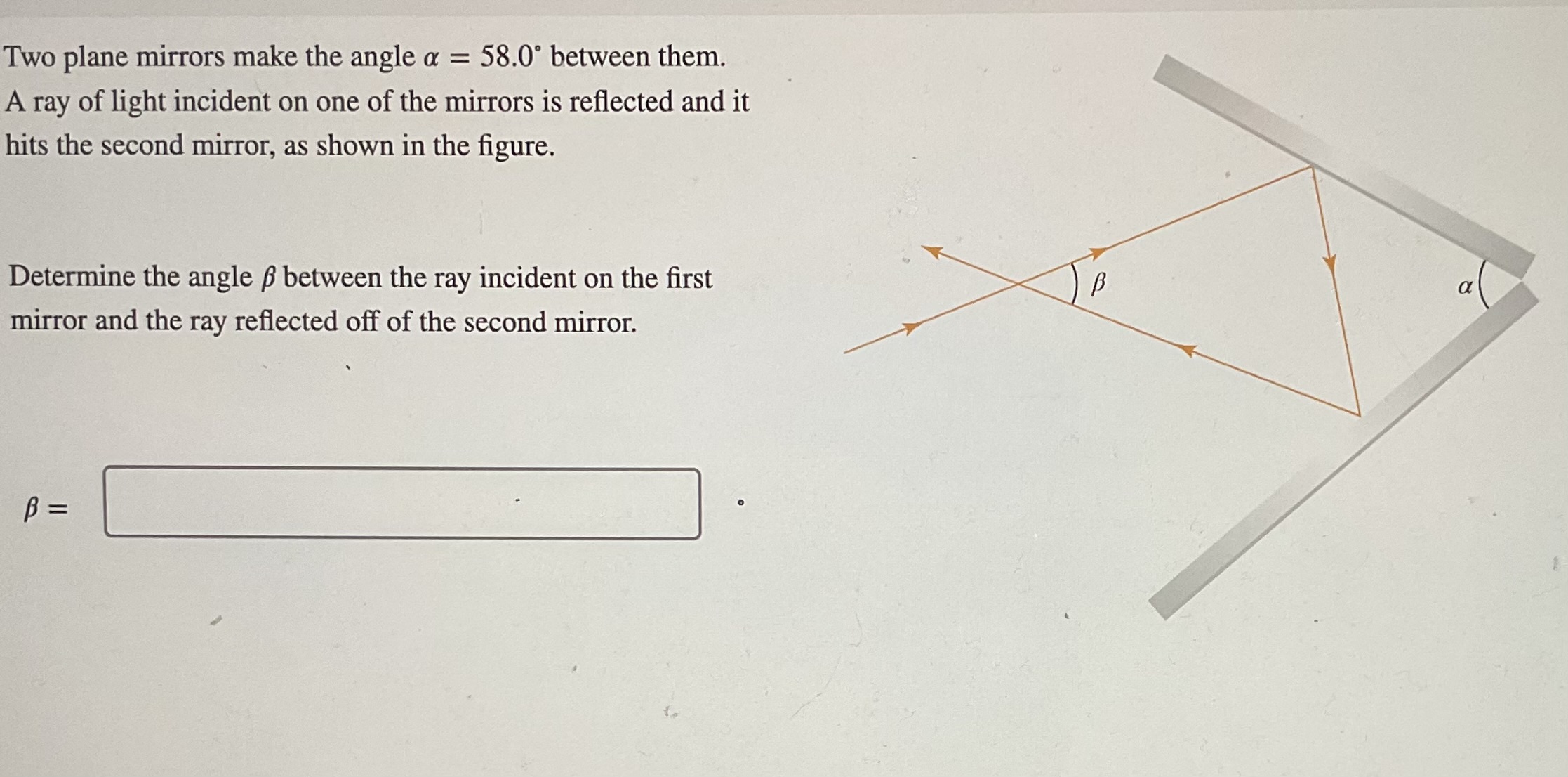 Solved Two plane mirrors make the angle α=58.0° ﻿between | Chegg.com