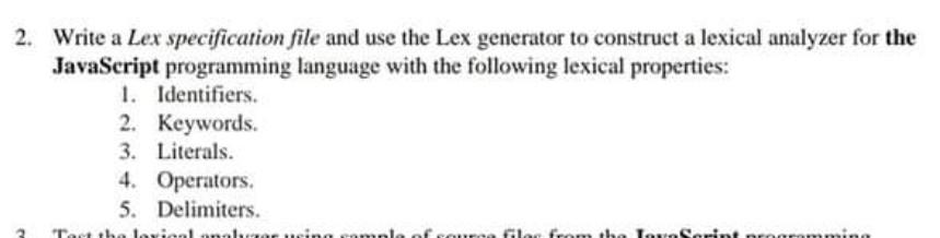 Solved 2. Write a Lex specification file and use the Lex | Chegg.com Solved 2. Write a Lex specification file and use the Lex | Chegg.com