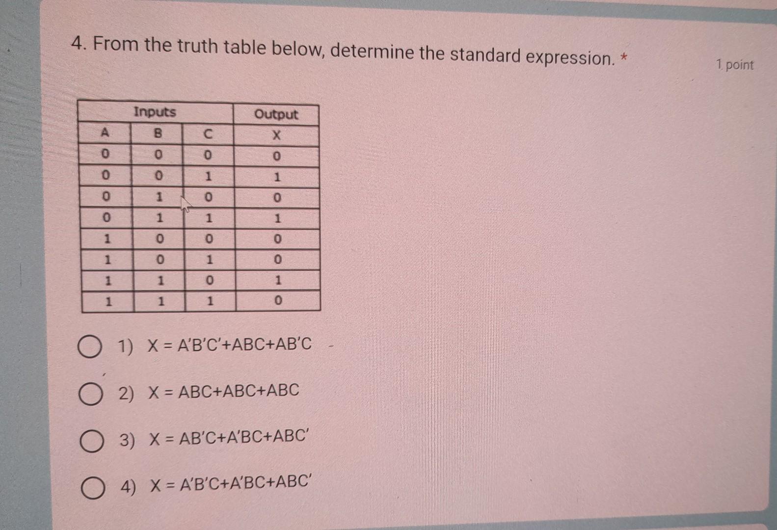 Solved 4. From the truth table below, determine the standard | Chegg.com