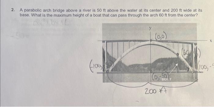 Solved 2. A parabolic arch bridge above a river is 50ft | Chegg.com