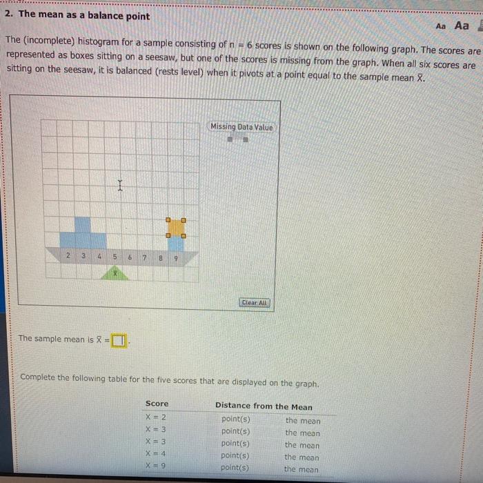 Solved 2. The mean as a balance point Aa Aa The incomplete) | Chegg.com