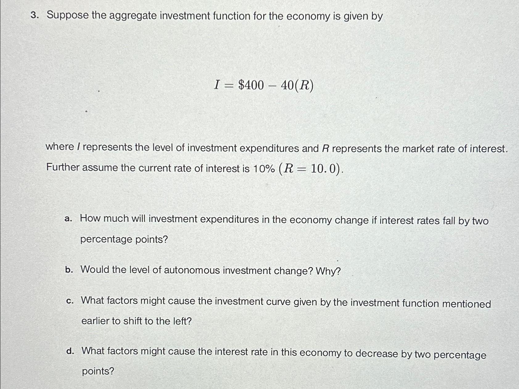 Solved Suppose the aggregate investment function for the | Chegg.com
