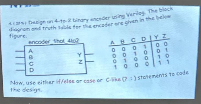 Solved 4 25 Design An 4 To 2 Binary Encoder Using 