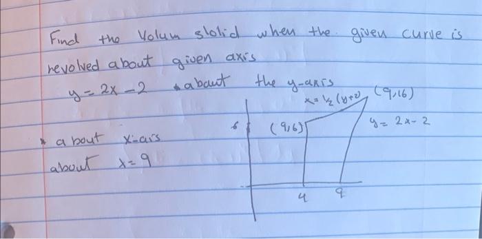 Solved find the volum solid when the given cure is about to | Chegg.com