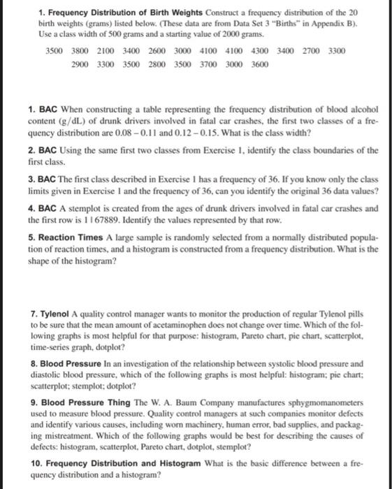 Solved 1. Frequency Distribution of Birth Weights Construct | Chegg.com