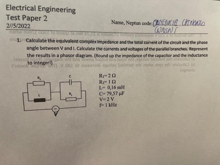 Solved Electrical Engineering Test Paper 2 2//5/2022 Name, | Chegg.com
