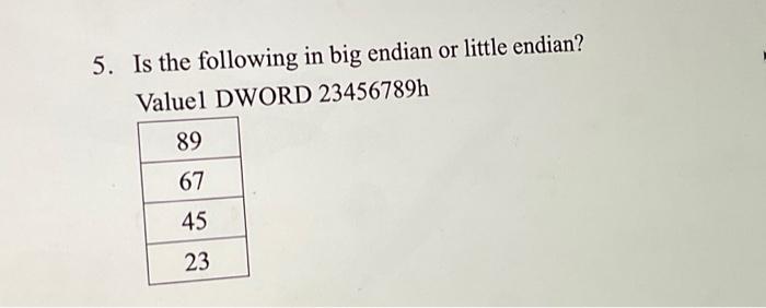 Solved 5. Is the following in big endian or little endian? | Chegg.com