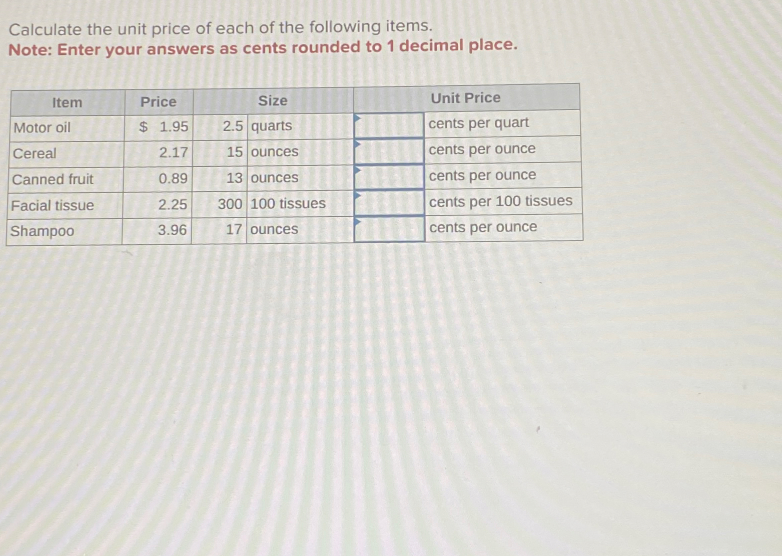 Solved Calculate the unit price of each of the following | Chegg.com