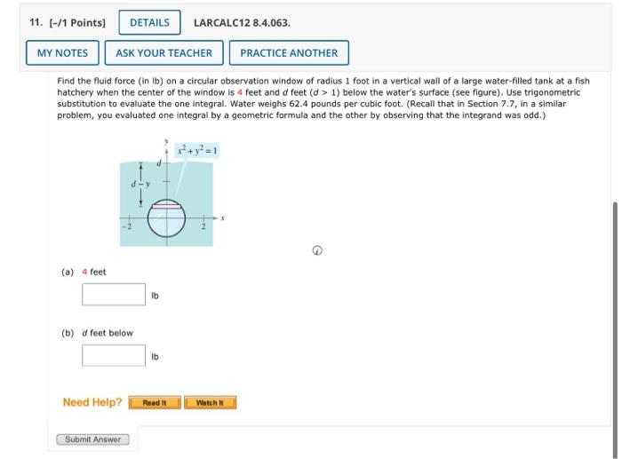 Solved Find the fluid force (in lb) on a circular | Chegg.com