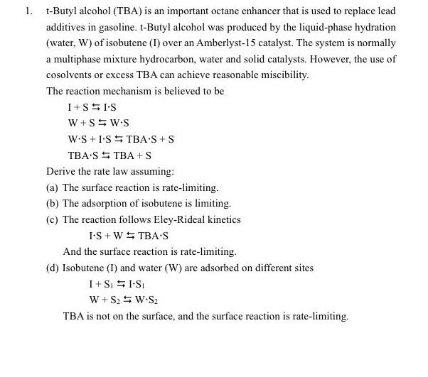 Solved t-Butyl alcohol (TBA) is an important octane enhancer | Chegg.com