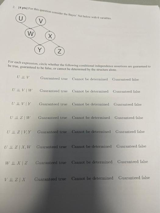 Solved 2. [4 pts] For this question consider the Bayes' Net | Chegg.com