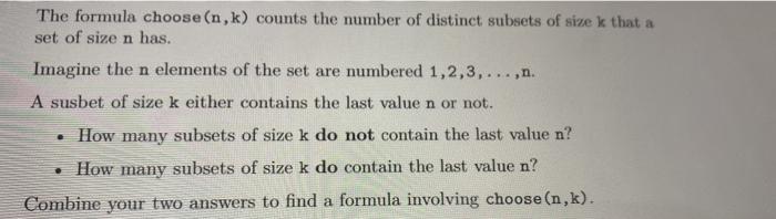 Solved The formula choose (n,k) counts the number of | Chegg.com