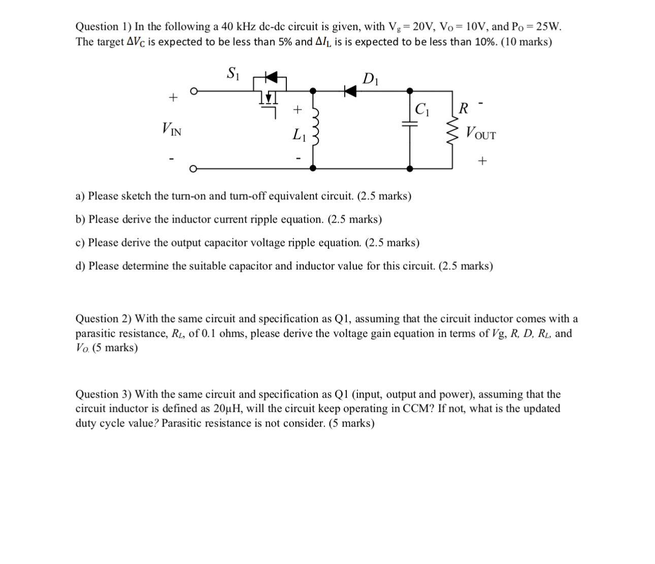 Solved Question 1) ﻿In the following a 40 ﻿kHz dc-dc circuit | Chegg.com