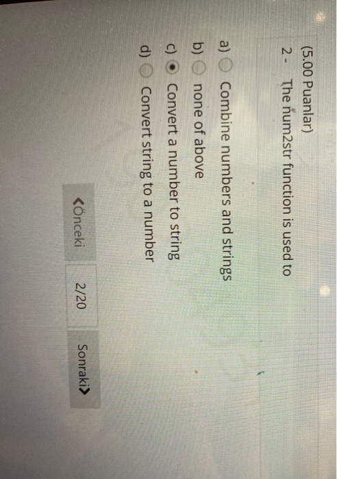 Solved (5.00 Puanlar) 2. The num2str function is used to a) | Chegg.com