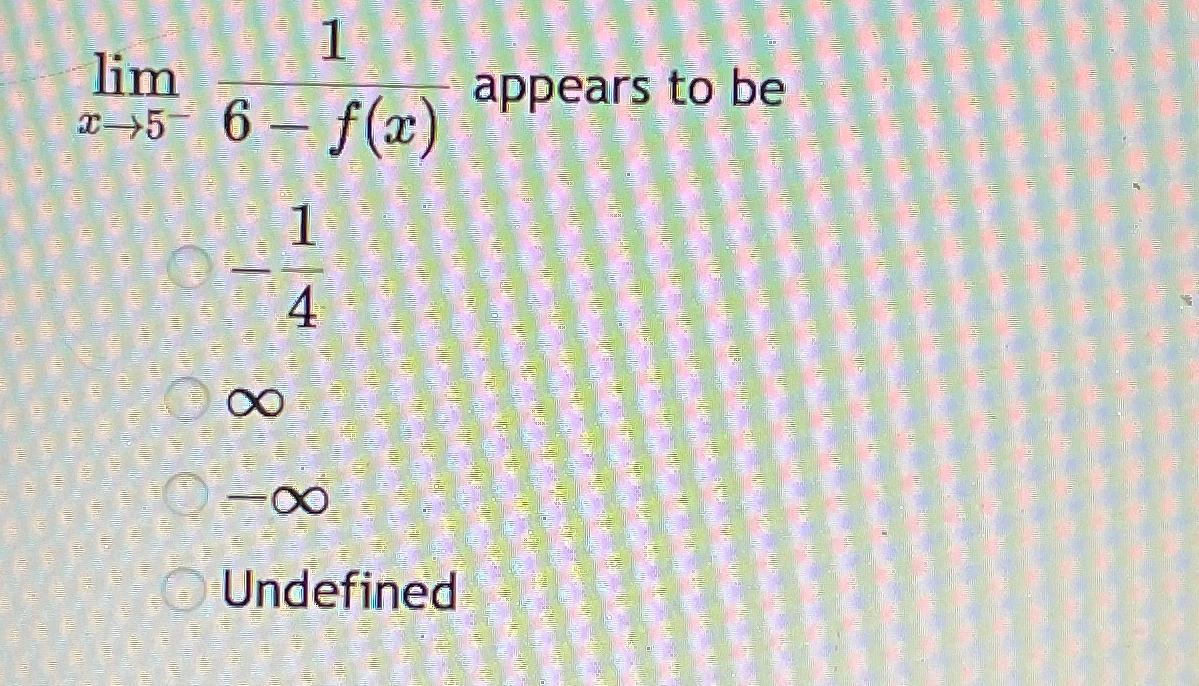 Solved limx→5-16-f(x) ﻿appears to be-14∞-∞Undefined | Chegg.com