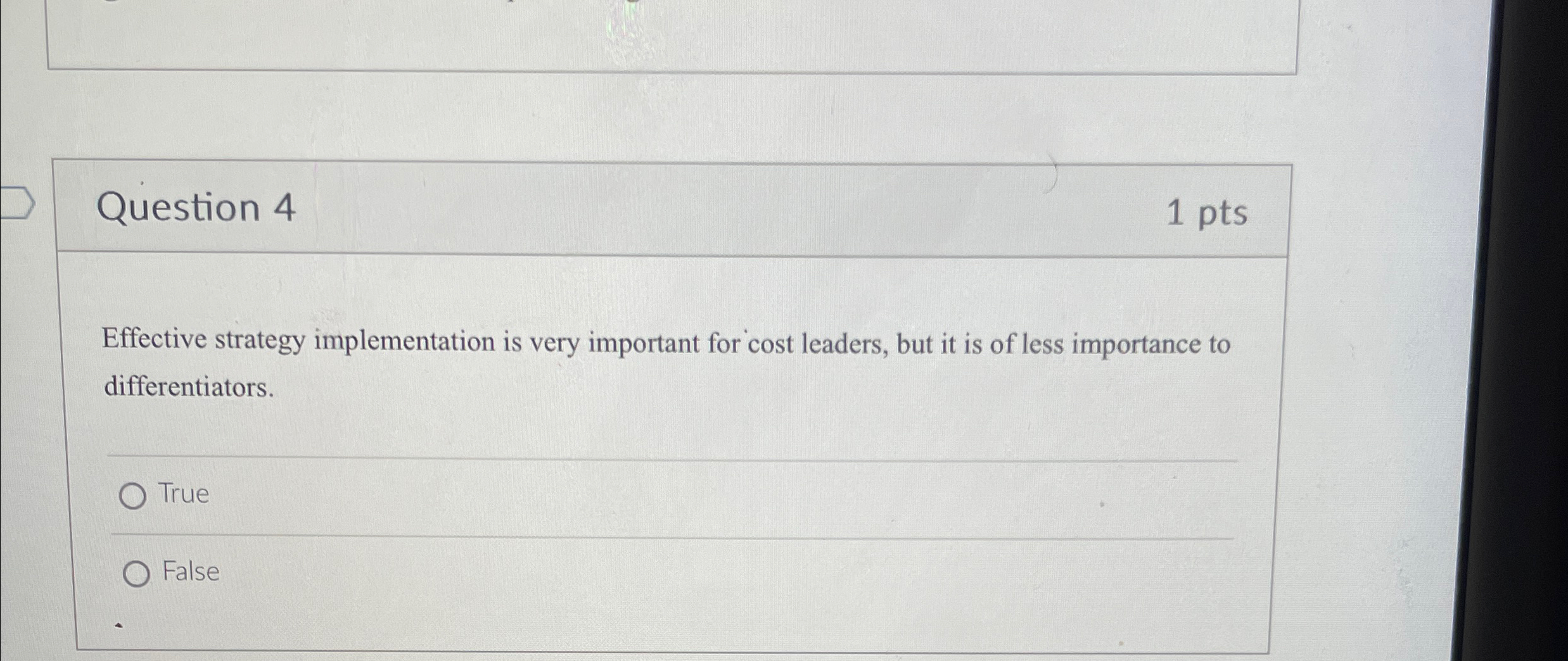 Solved Question 41ptsEffective strategy implementation is | Chegg.com