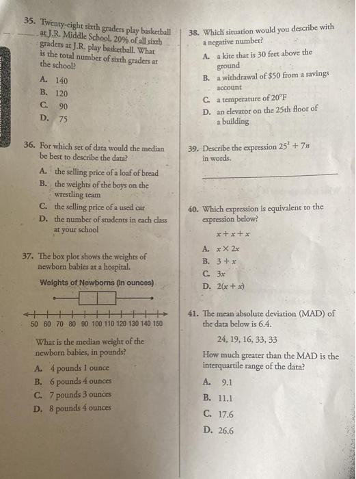 Solved 35. Twenty-cight sixth graders play basketball at | Chegg.com