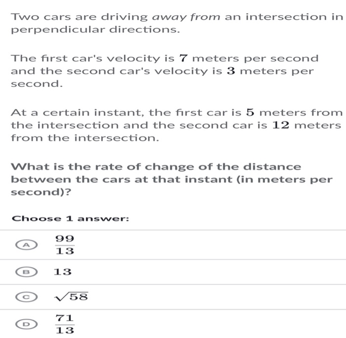 Solved Two cars are driving away from an intersection in | Chegg.com