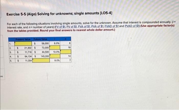 Solved Exercise 5-5 (Algo) Solving for unknowns; single | Chegg.com Solved Exercise 5-5 (Algo) Solving for unknowns; single | Chegg.com