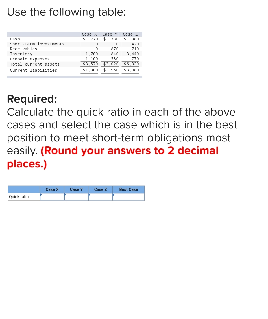 Solved Use the following table:\table[[,Case x,Case Y,Case Z | Chegg.com