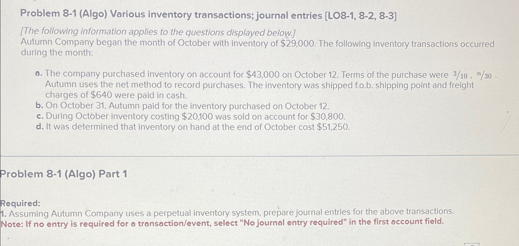 Solved Problem 8-1 (Algo) ﻿Various inventory transactions; | Chegg.com
