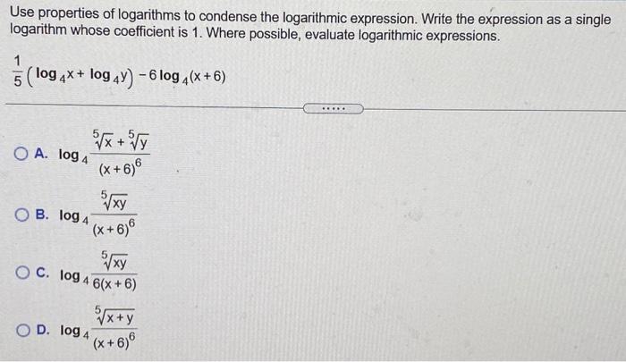 Solved Use properties of logarithms to condense the | Chegg.com