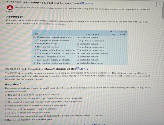 EXERCISE 1-1 Identifying Direct and Indirect Costs | Chegg.com