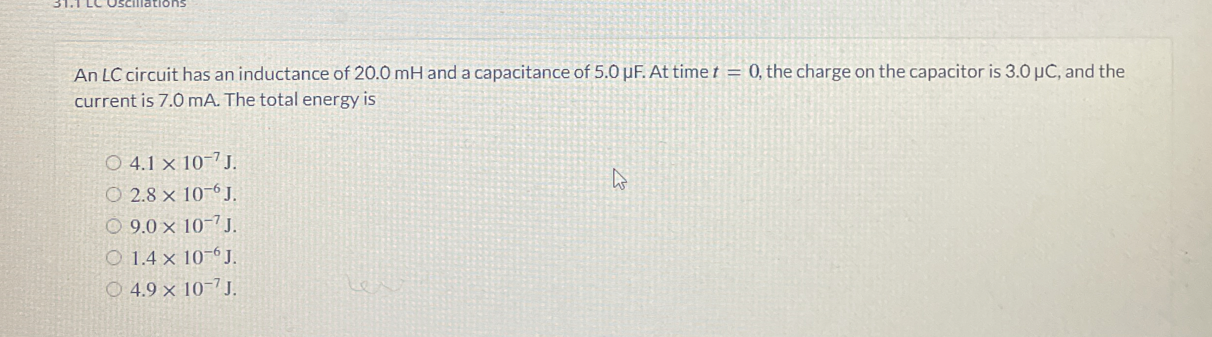 Solved An LC circuit has an inductance of 20.0 ﻿mH and a | Chegg.com