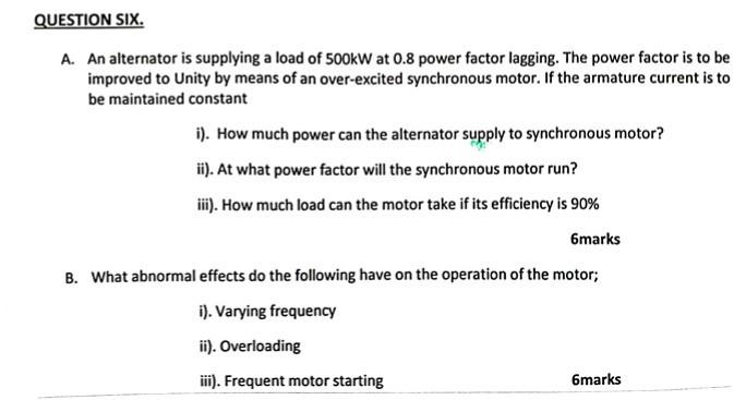 Solved A. An alternator is supplying a load of 500 kW at 0.8 | Chegg.com