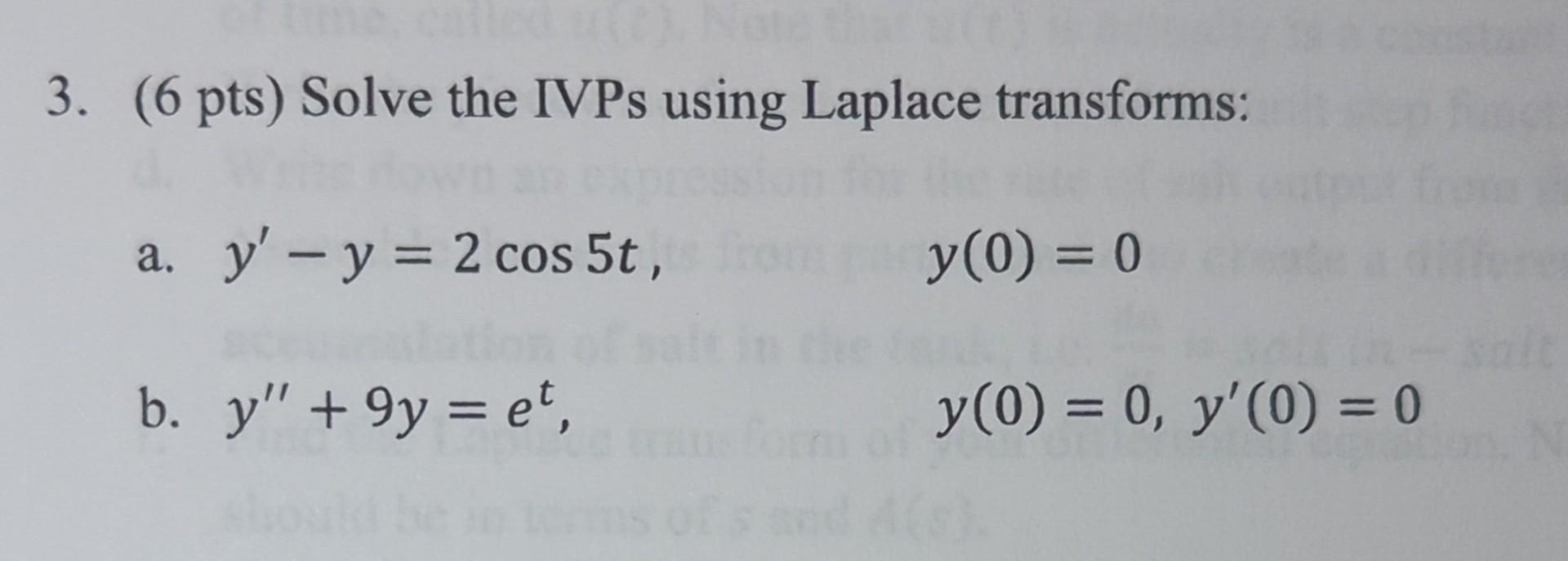 Solved (6 pts) Solve the IVPs using Laplace transforms: a. | Chegg.com