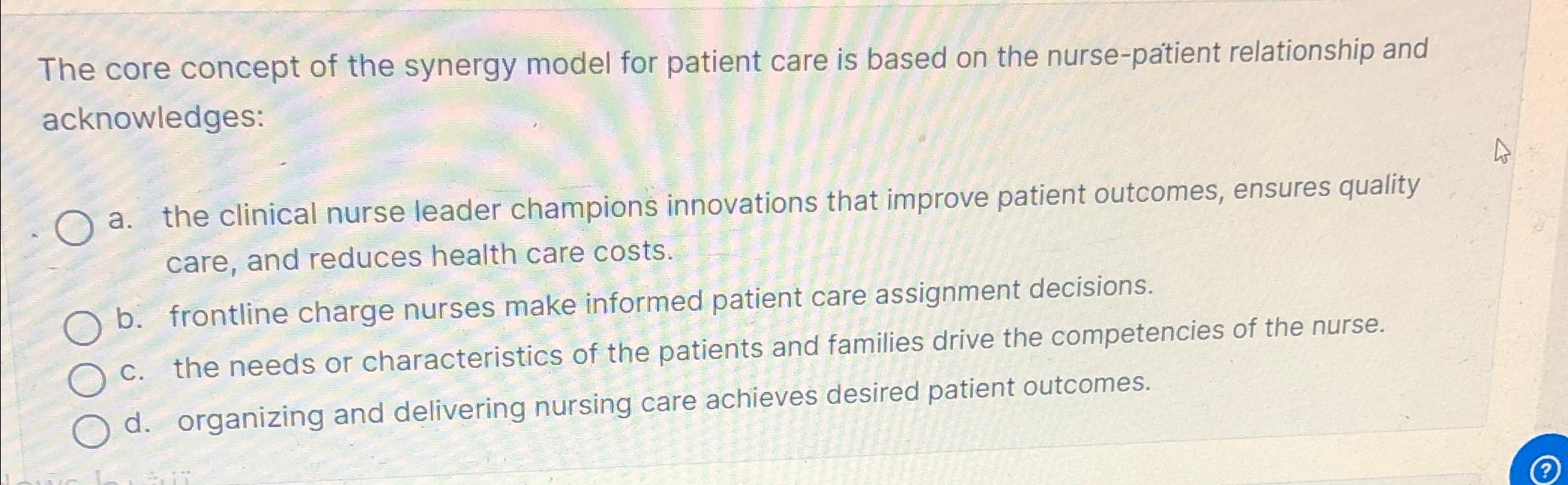 Solved The core concept of the synergy model for patient | Chegg.com