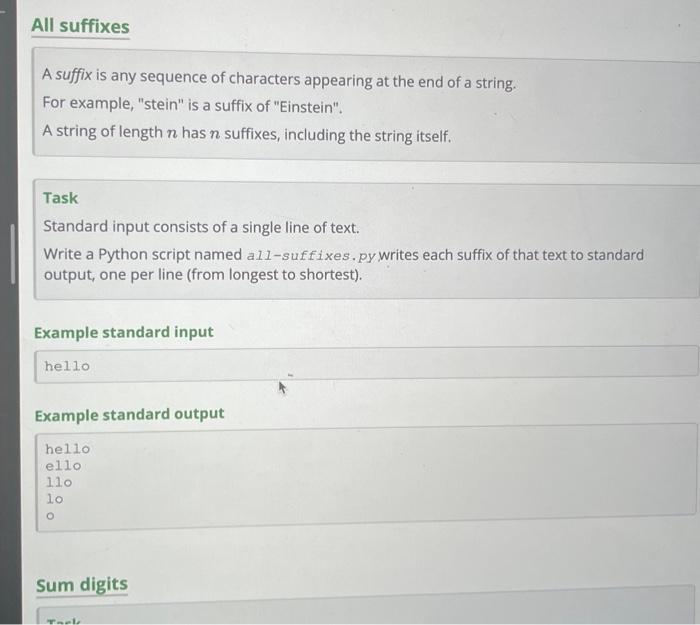 Solved A suffix is any sequence of characters appearing at | Chegg.com