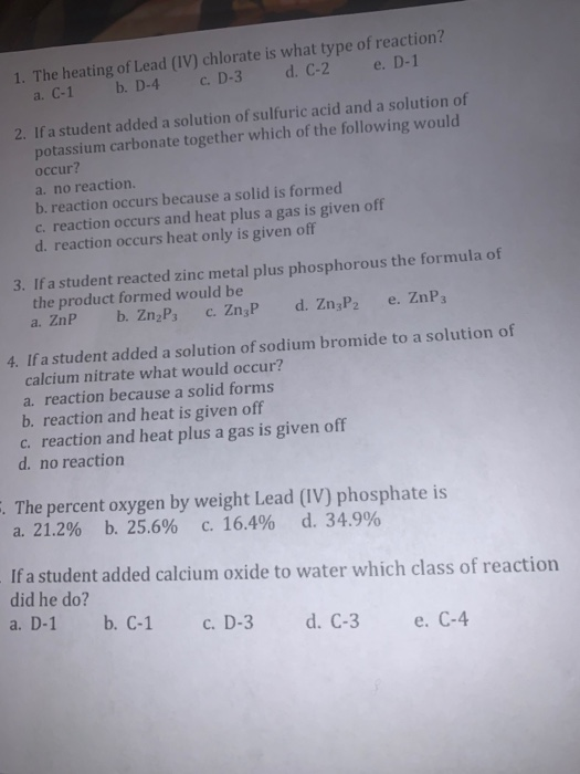 Solved 1. The heating of Lead (IV) chlorate is what type of | Chegg.com