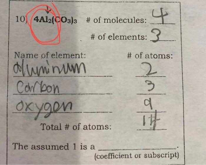 Solved The assumed 1 is a (coefficient or subscript) | Chegg.com