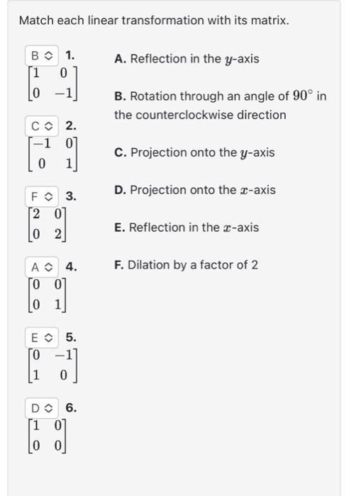 Solved Match each linear transformation with its matrix. 1. | Chegg.com