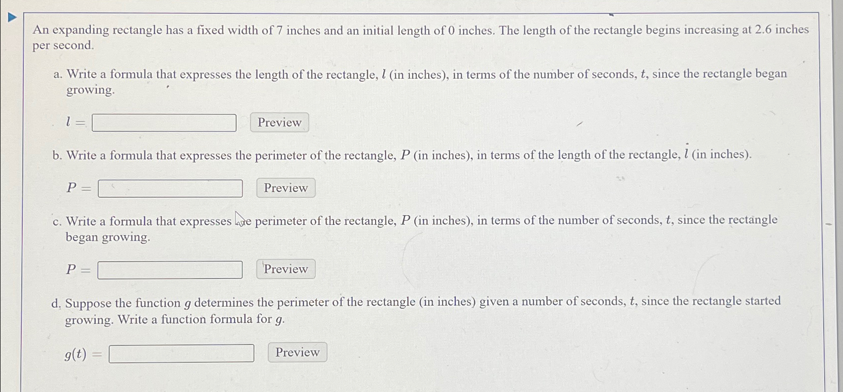 Solved An expanding rectangle has a fixed width of 7 ﻿inches | Chegg.com