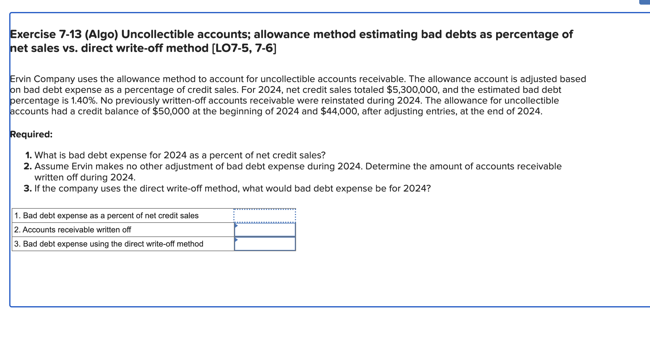 Solved Exercise 7-13 (Algo) ﻿Uncollectible accounts; | Chegg.com