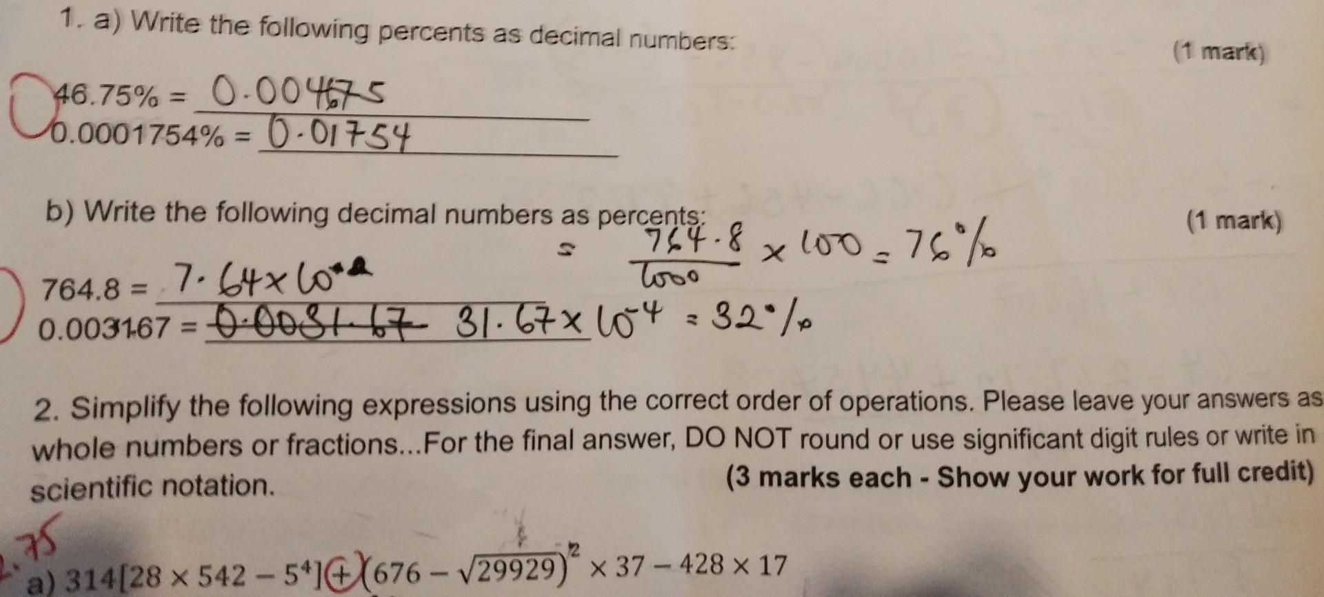 Solved 1. a) Write the following percents as decimal | Chegg.com