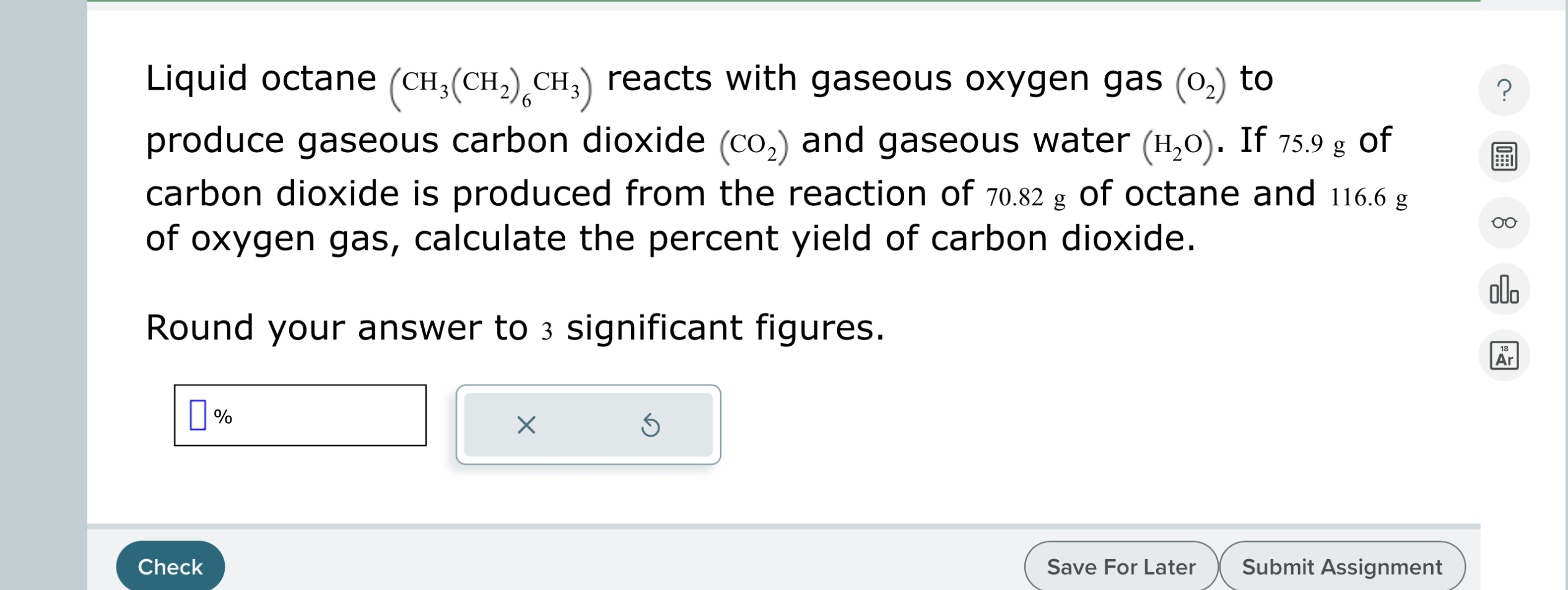 Solved Liquid octane (CH3(CH2)6CH3) ﻿reacts with gaseous | Chegg.com