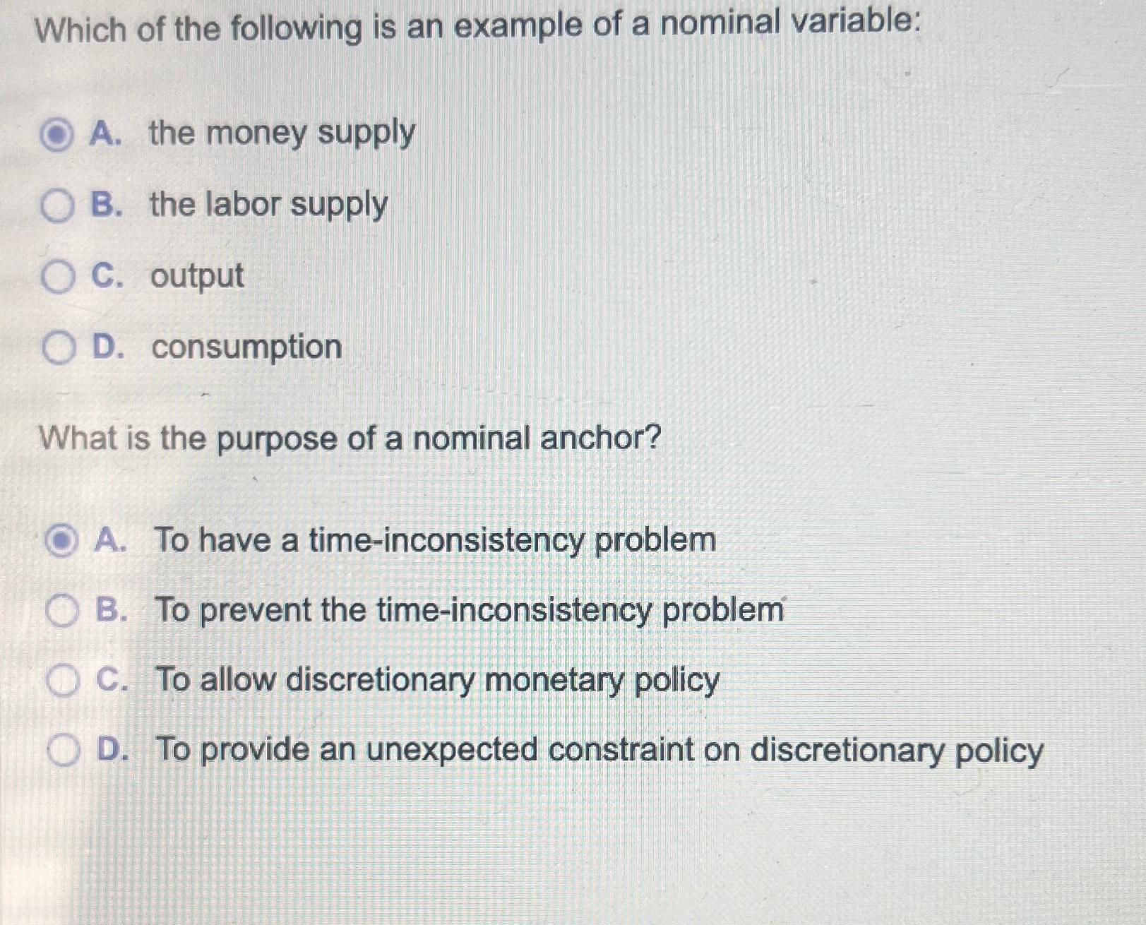 Solved Which of the following is an example of a nominal | Chegg.com