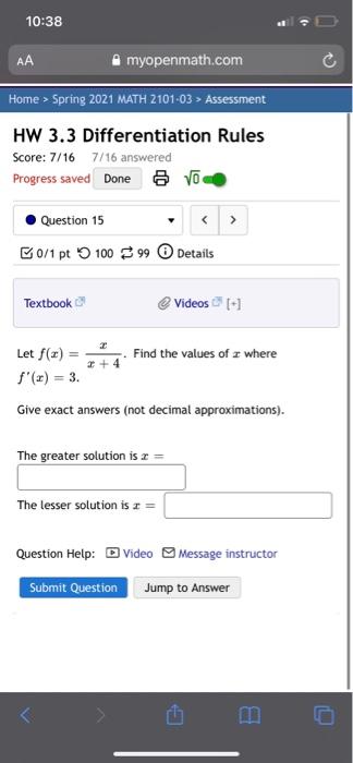Solved 10:38 АА = myopenmath.com myOpenMath Home > Spring | Chegg.com