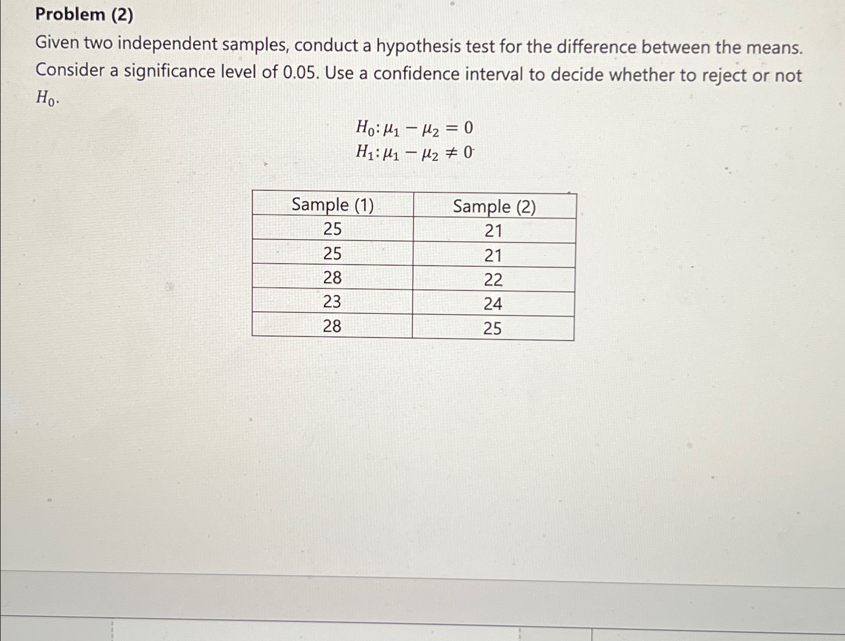 Solved Problem (2)Given two independent samples, conduct a | Chegg.com
