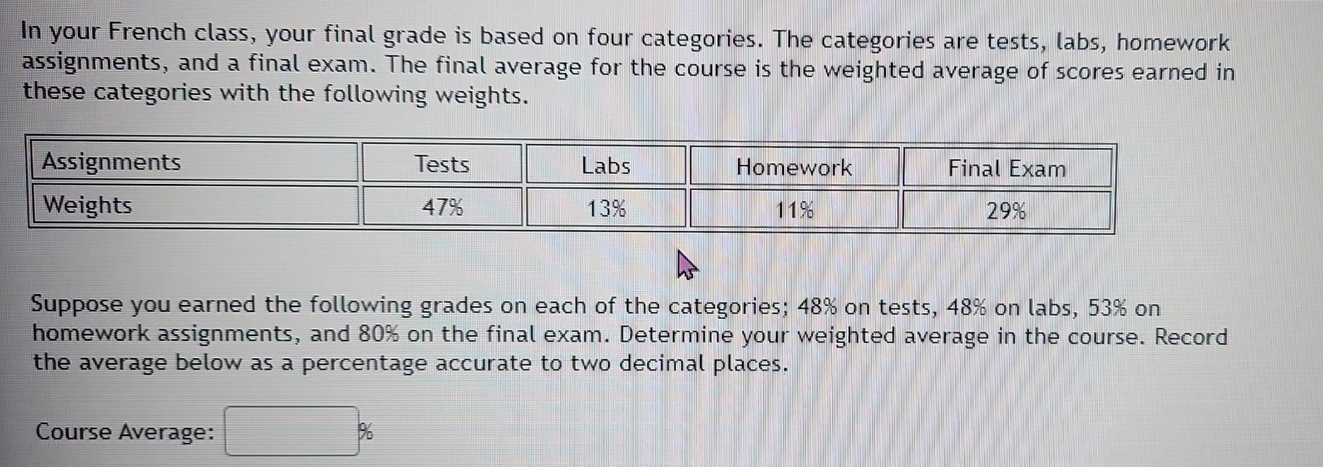 Solved In your French class, your final grade is based on | Chegg.com