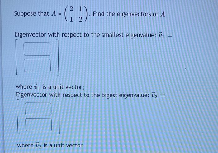 Solved Suppose that A=(2112). Find the eigenvectors of A | Chegg.com