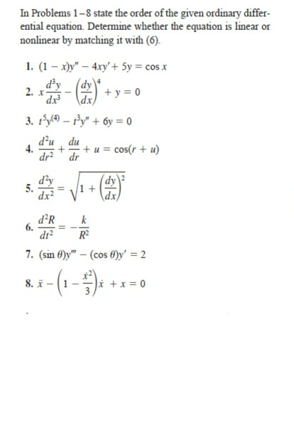 Solved In Problems 1-8 state the order of the given ordinary | Chegg.com