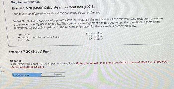 Solved Exercise 7-20 (Static) Calculate impairment loss | Chegg.com