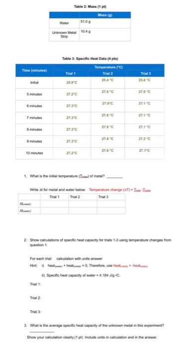 Solved Table 2: leass (t pt) Table 3: Specific Heat Data | Chegg.com