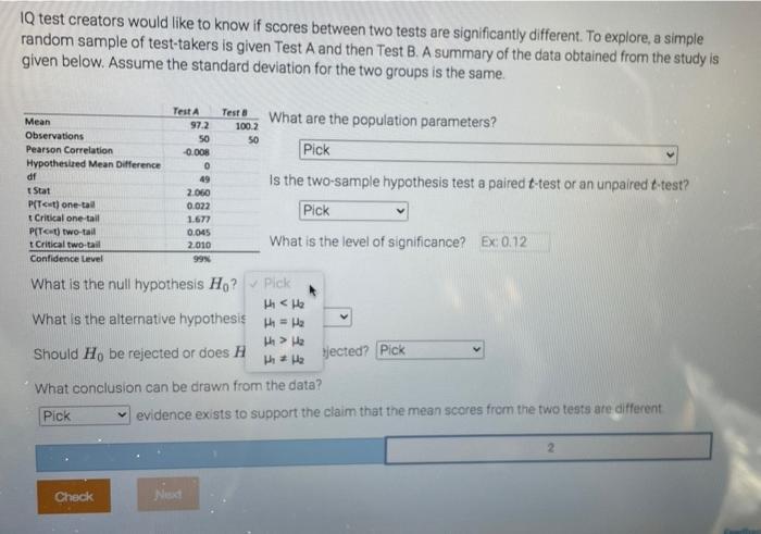 Solved 1Q test creators would like to know if scores between | Chegg.com