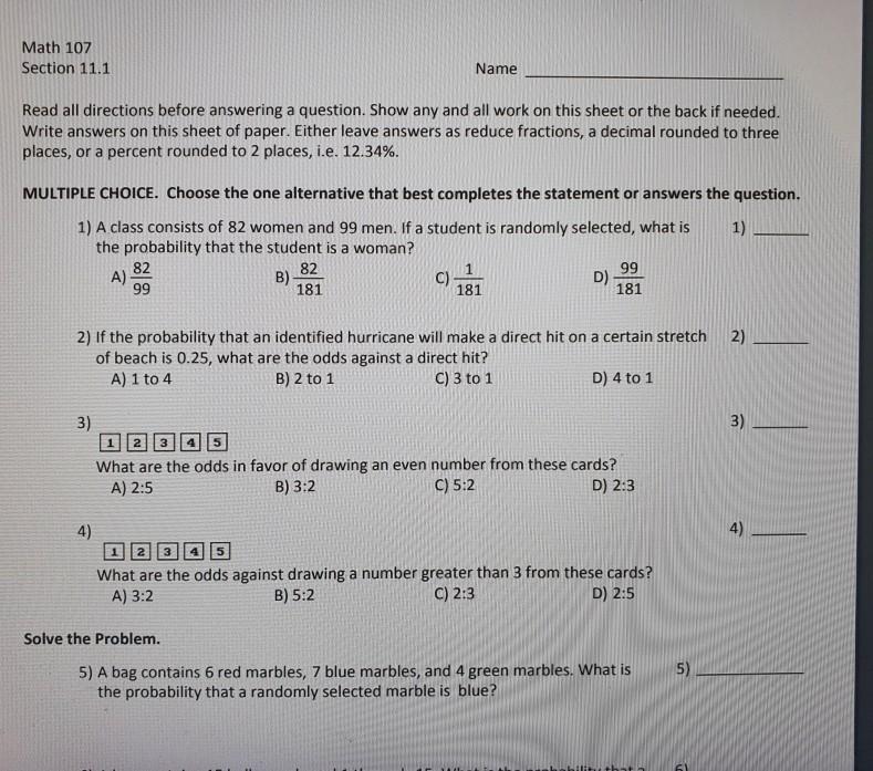 Solved Math 107 Section 11.1 Name Read all directions before | Chegg.com