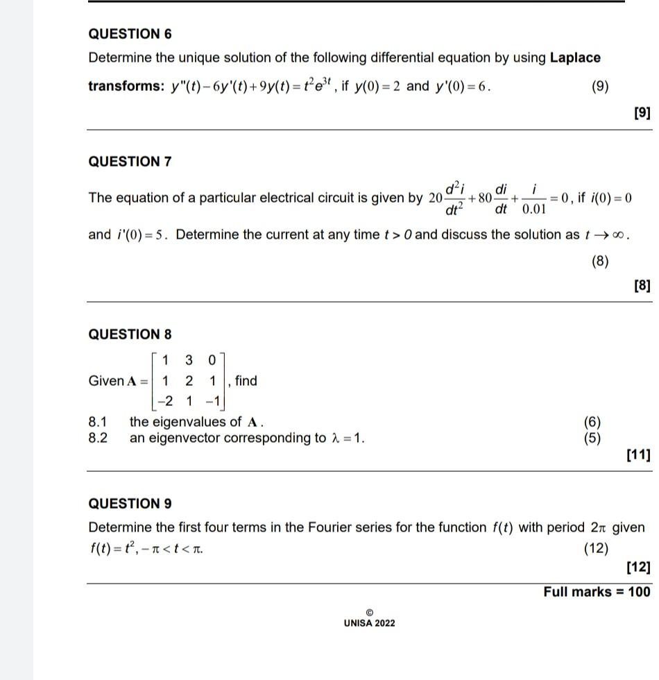 Solved QUESTION 6 Determine the unique solution of the | Chegg.com